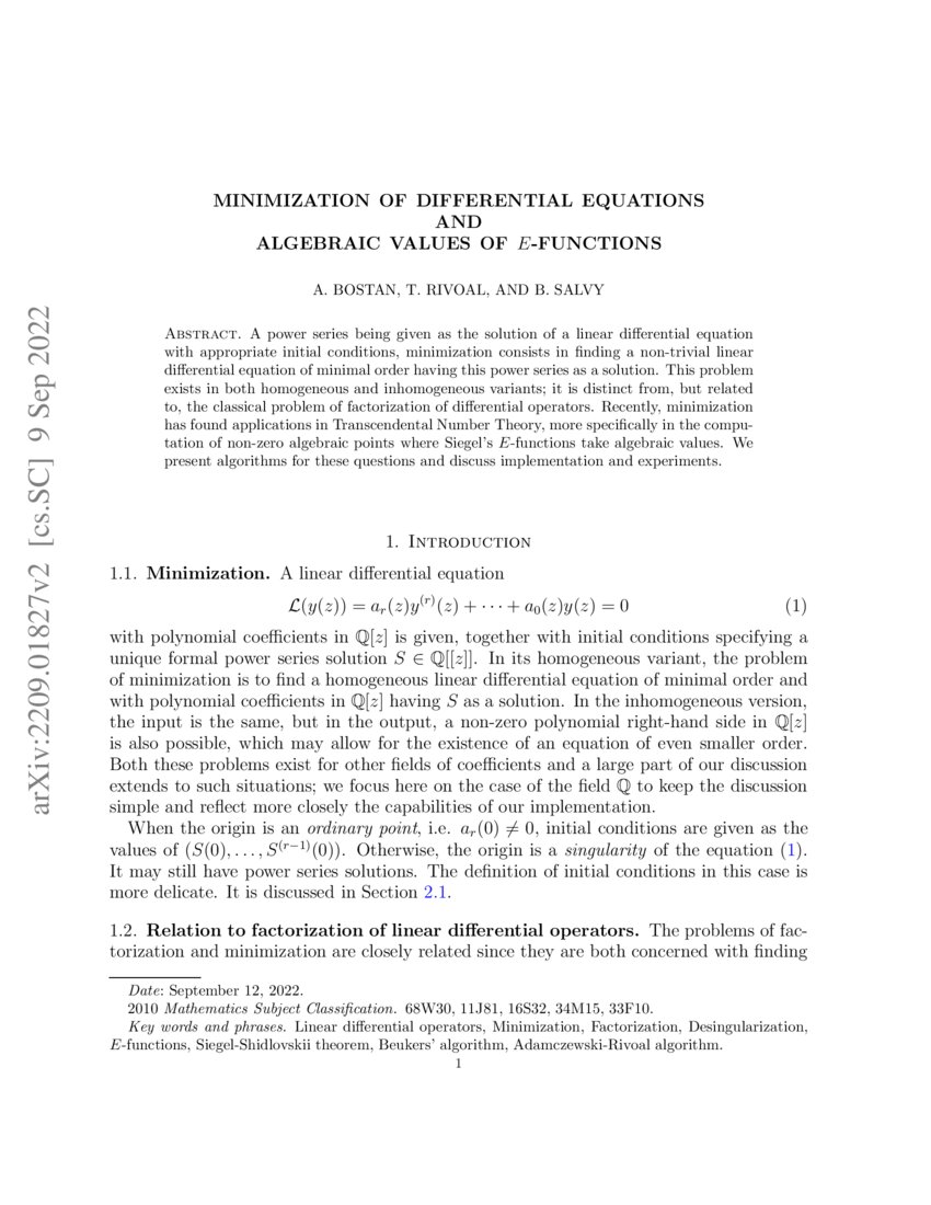 Minimization Of Differential Equations And Algebraic Values Of E