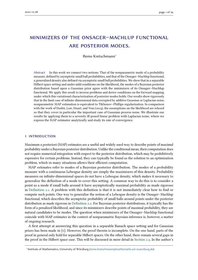 Minimizers of the Onsager-Machlup functional are strong posterior modes | DeepAI