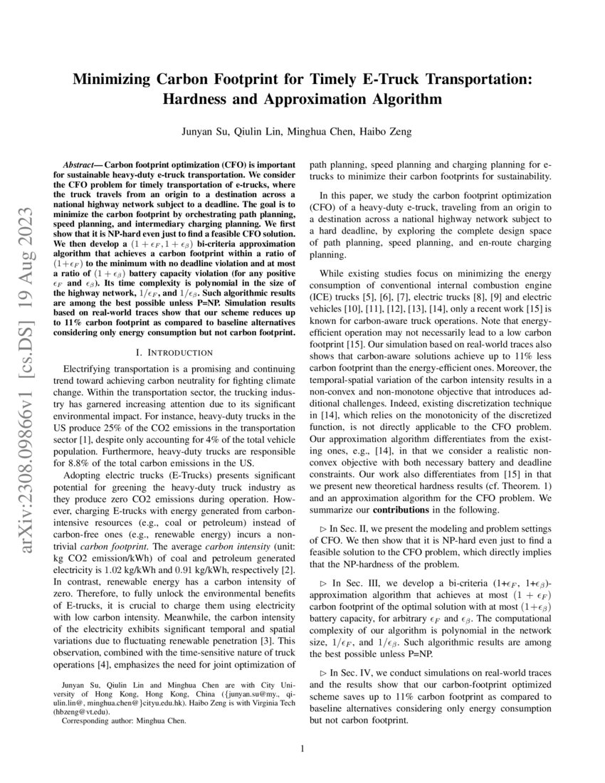 Minimizing Carbon Footprint for Timely E-Truck Transportation: Hardness ...