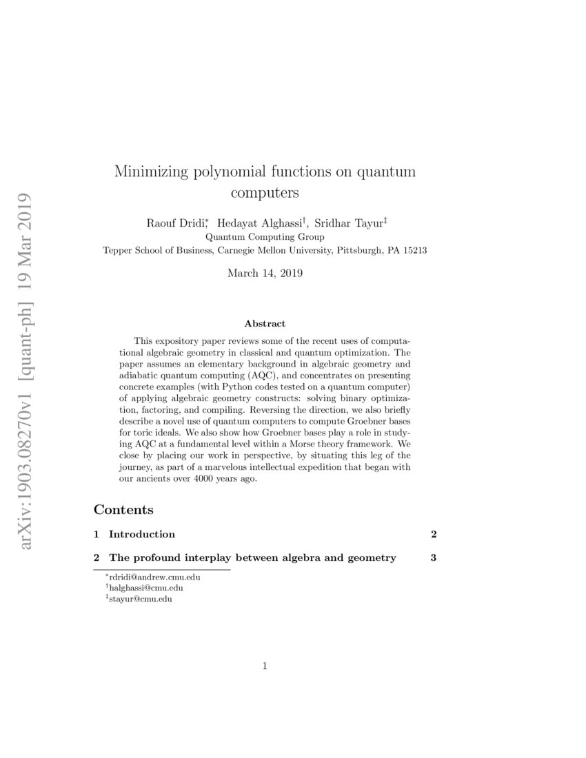 Minimizing Polynomial Functions On Quantum Computers Deepai
