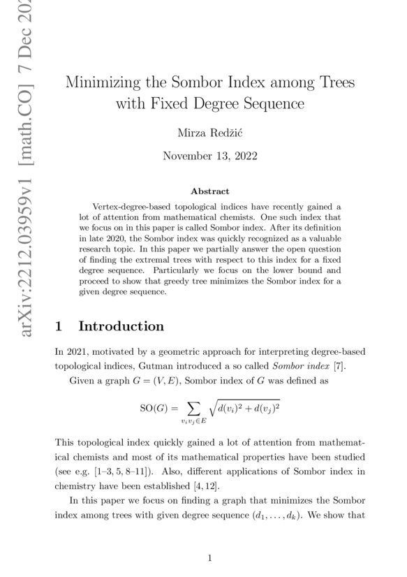 Minimizing The Sombor Index Among Trees With Fixed Degree Sequence Deepai 8455