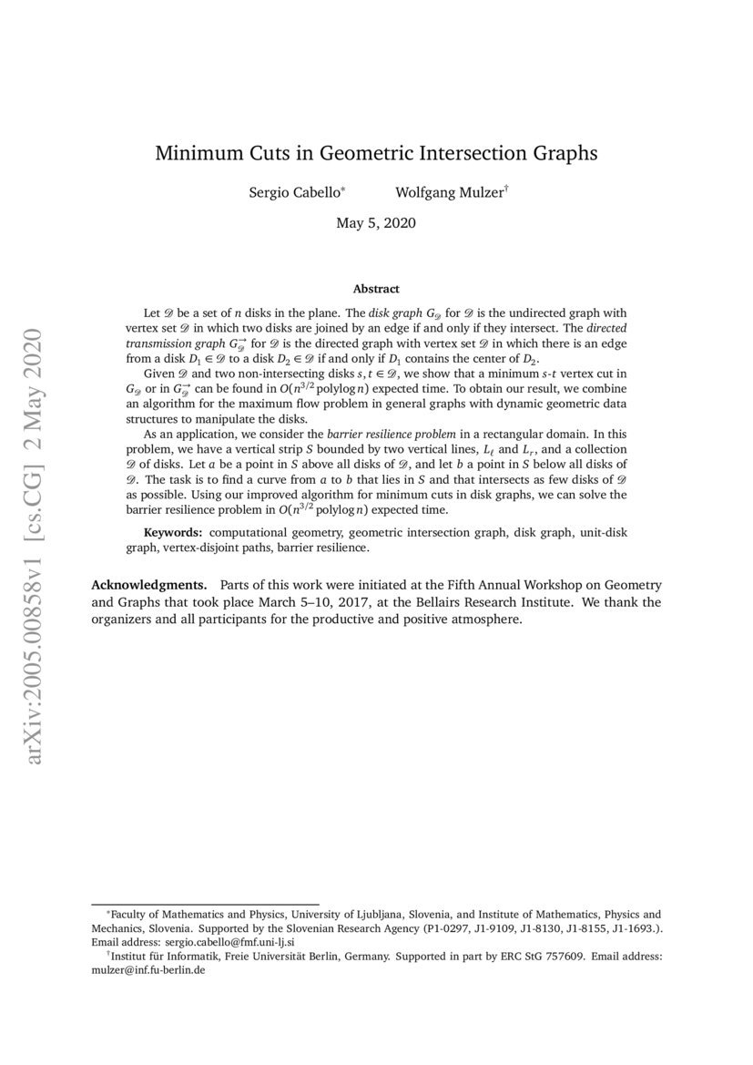 Minimum Cuts in Geometric Intersection Graphs | DeepAI