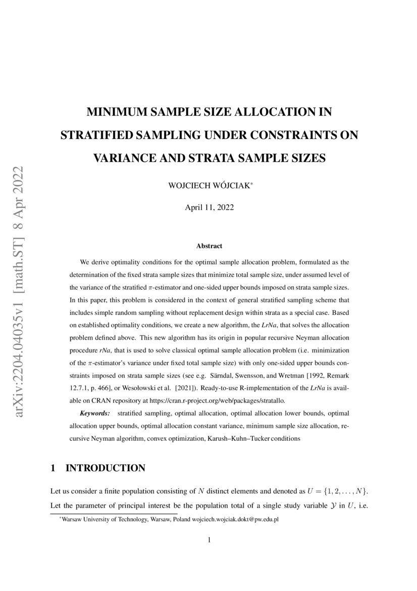 Minimum Sample Size Allocation in Stratified Sampling Under Constraints on Variance and Strata ...
