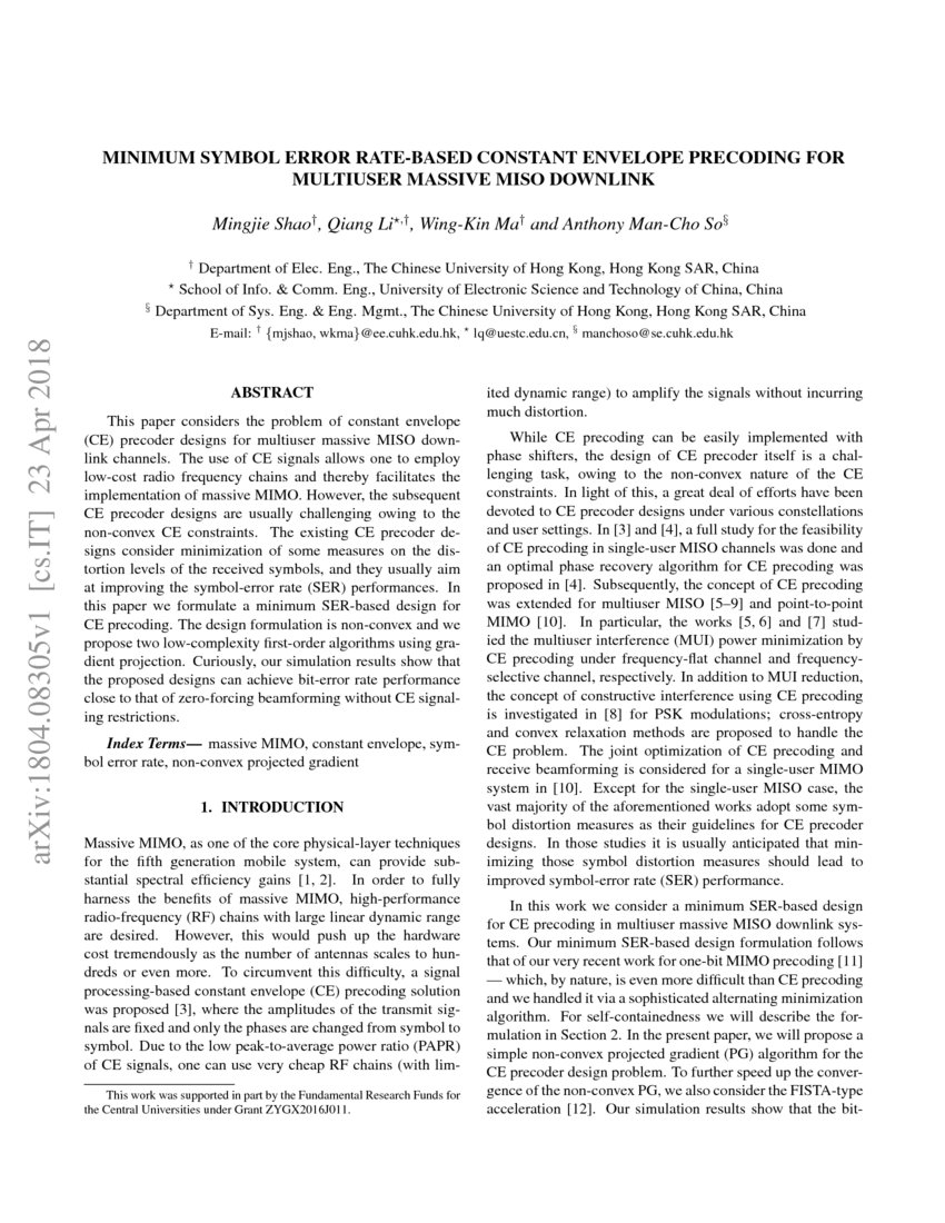 Minimum Symbol Error Rate-Based Constant Envelope Precoding for Multiuser Massive MISO Downlink ...