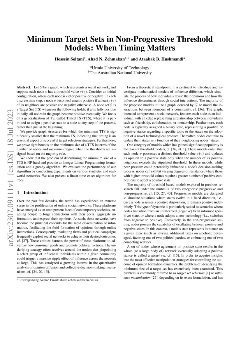 Minimum Target Sets in Non-Progressive Threshold Models: When Timing ...