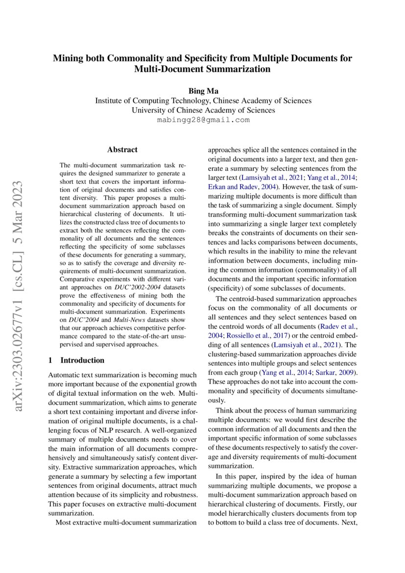 Mining Both Commonality And Specificity From Multiple Documents For