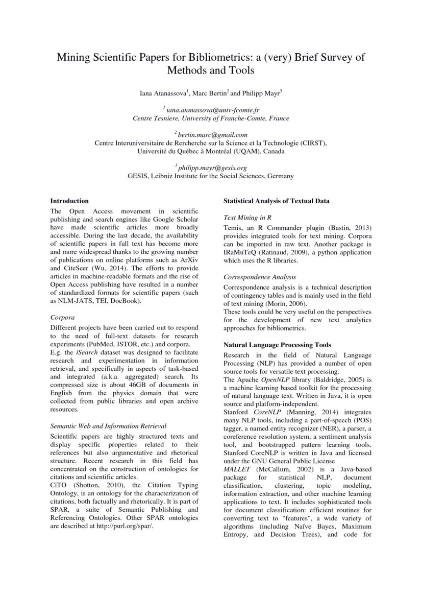 Mining Scientific Papers for Bibliometrics: a (very) Brief Survey of ...