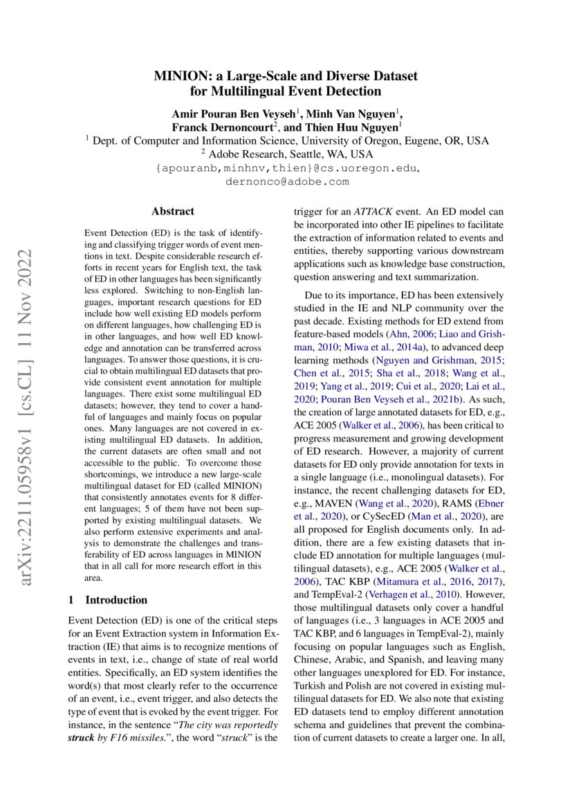 Minion A Large Scale And Diverse Dataset For Multilingual Event