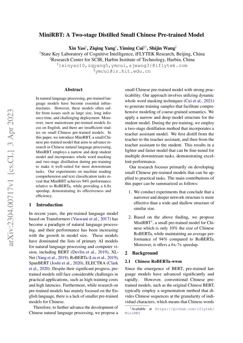 MiniRBT: A Two-stage Distilled Small Chinese Pre-trained Model | DeepAI