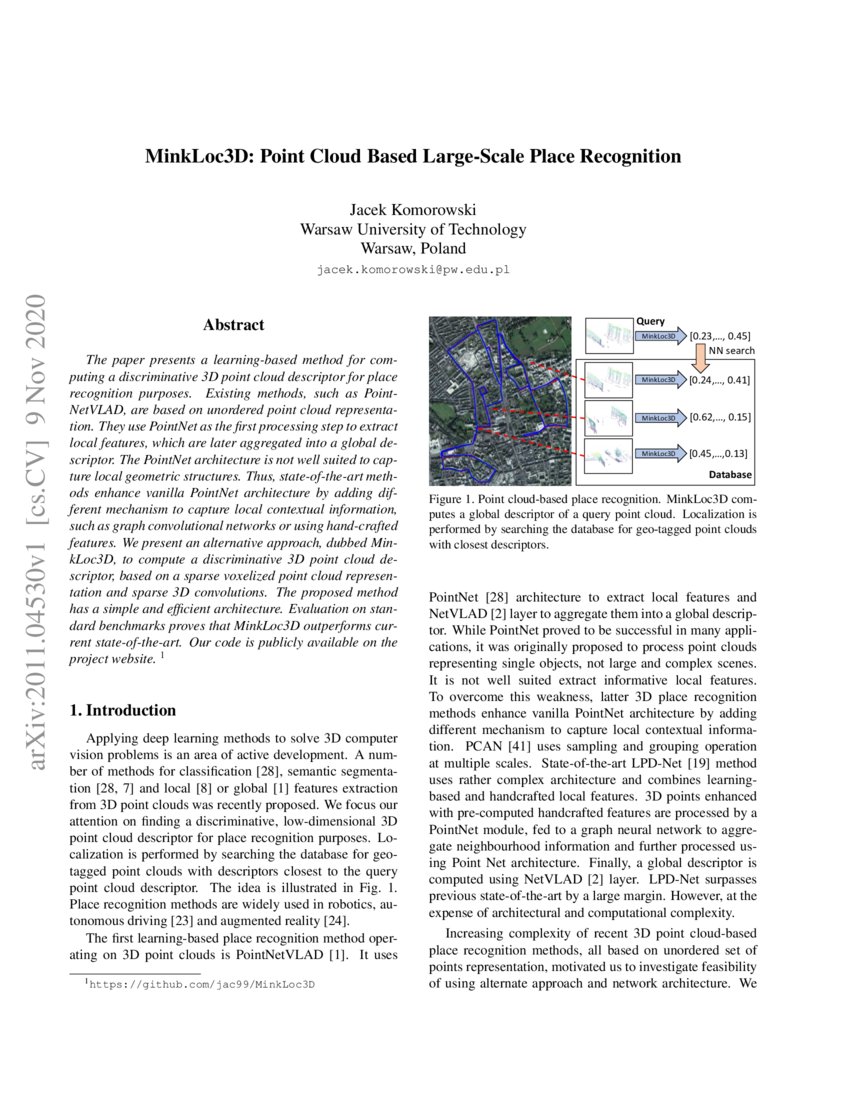 MinkLoc3D: Point Cloud Based Large-Scale Place Recognition | DeepAI
