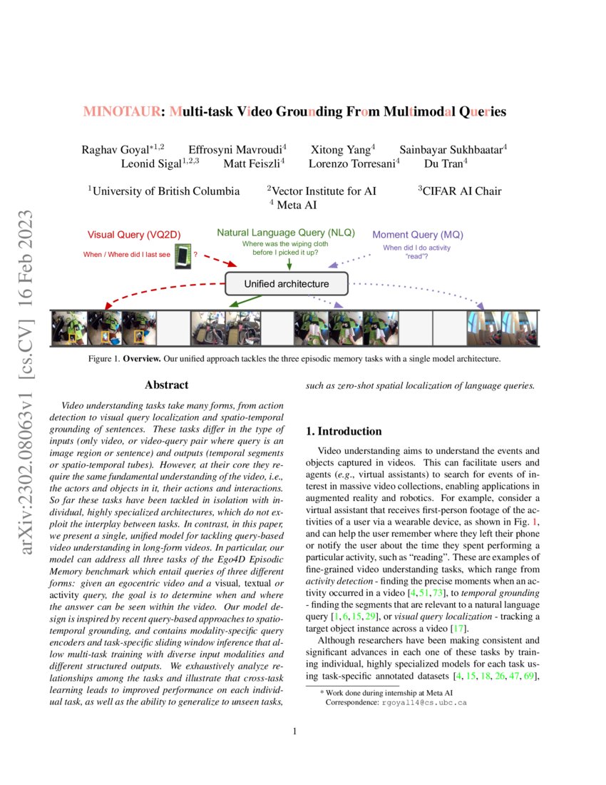MINOTAUR: Multi-task Video Grounding From Multimodal Queries | DeepAI