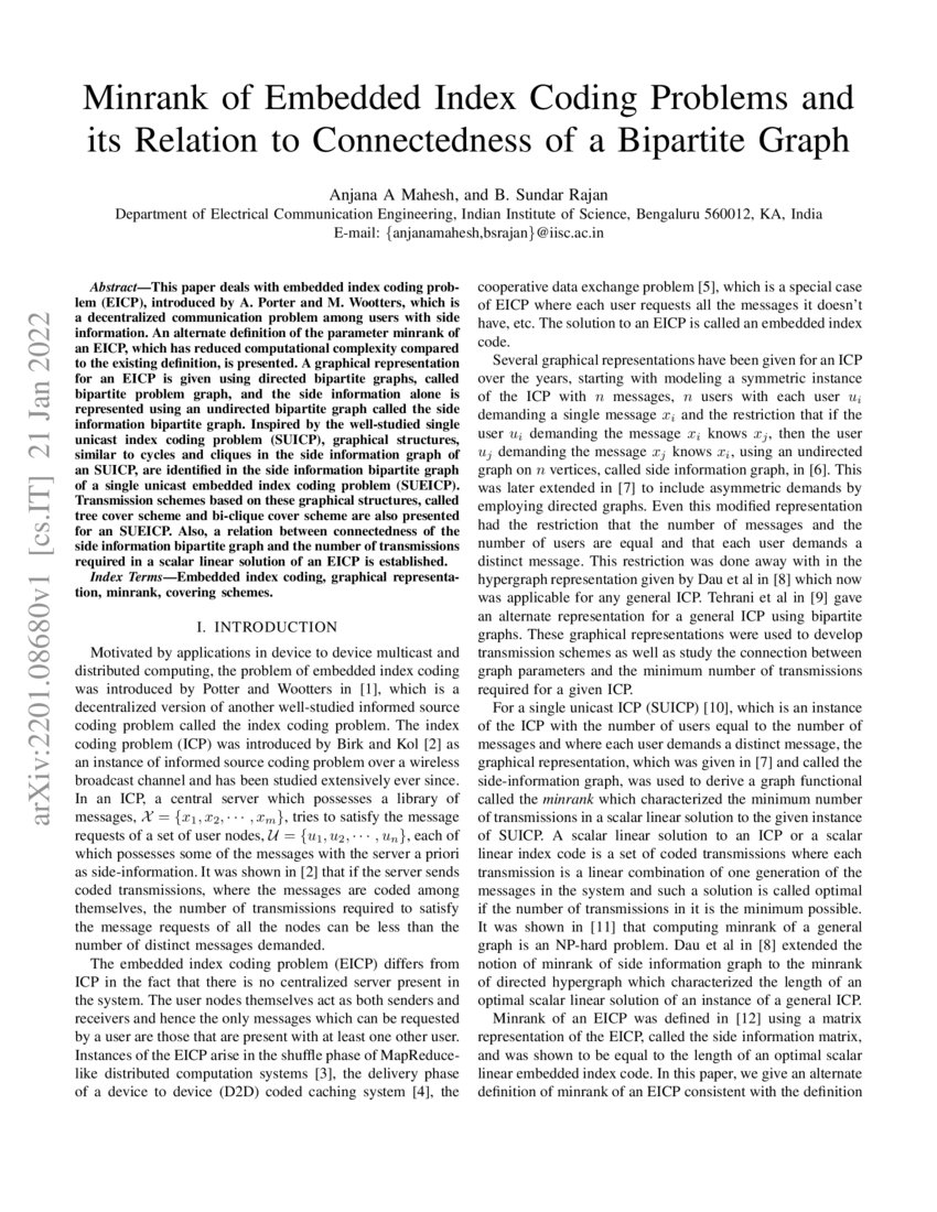 Minrank of Embedded Index Coding Problems and its Relation to Connectedness of a Bipartite Graph ...