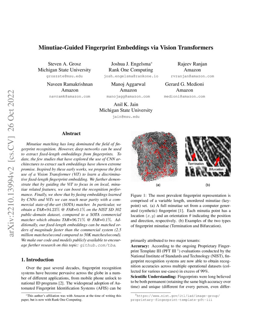 Minutiae-Guided Fingerprint Embeddings via Vision Transformers | DeepAI