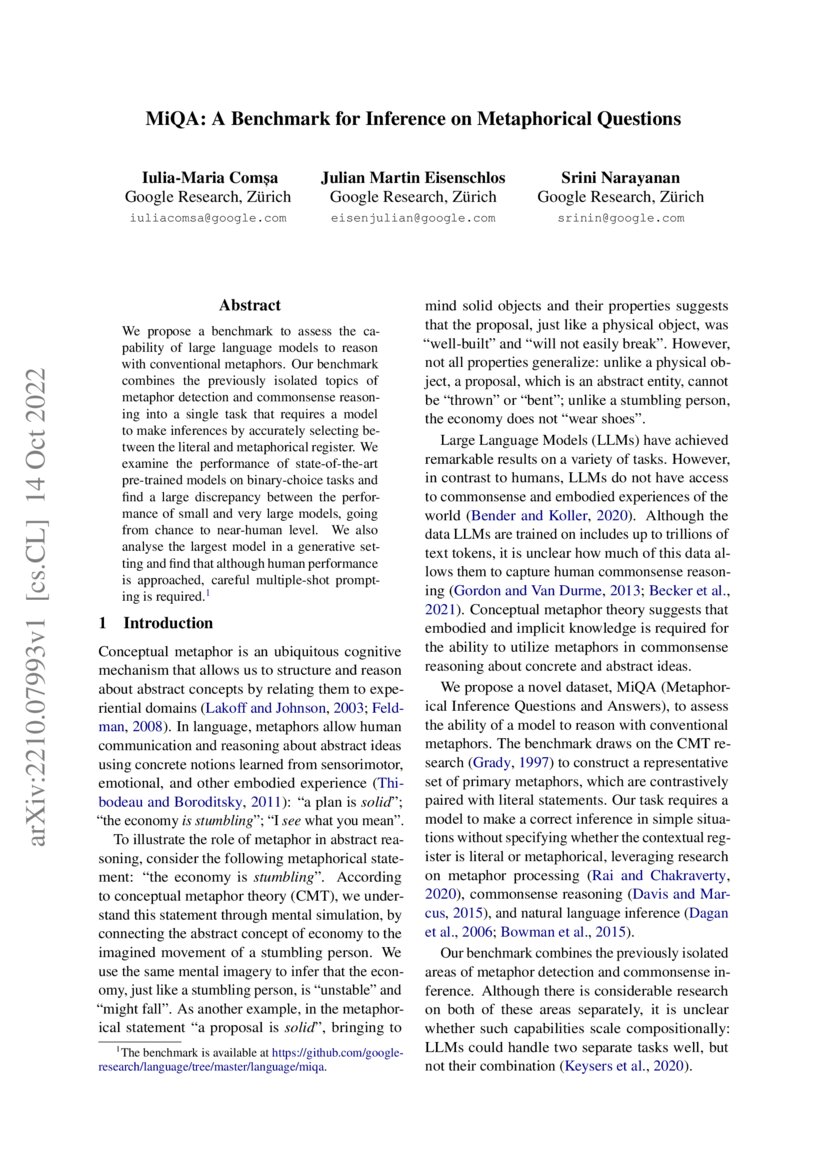 MiQA: A Benchmark for Inference on Metaphorical Questions | DeepAI
