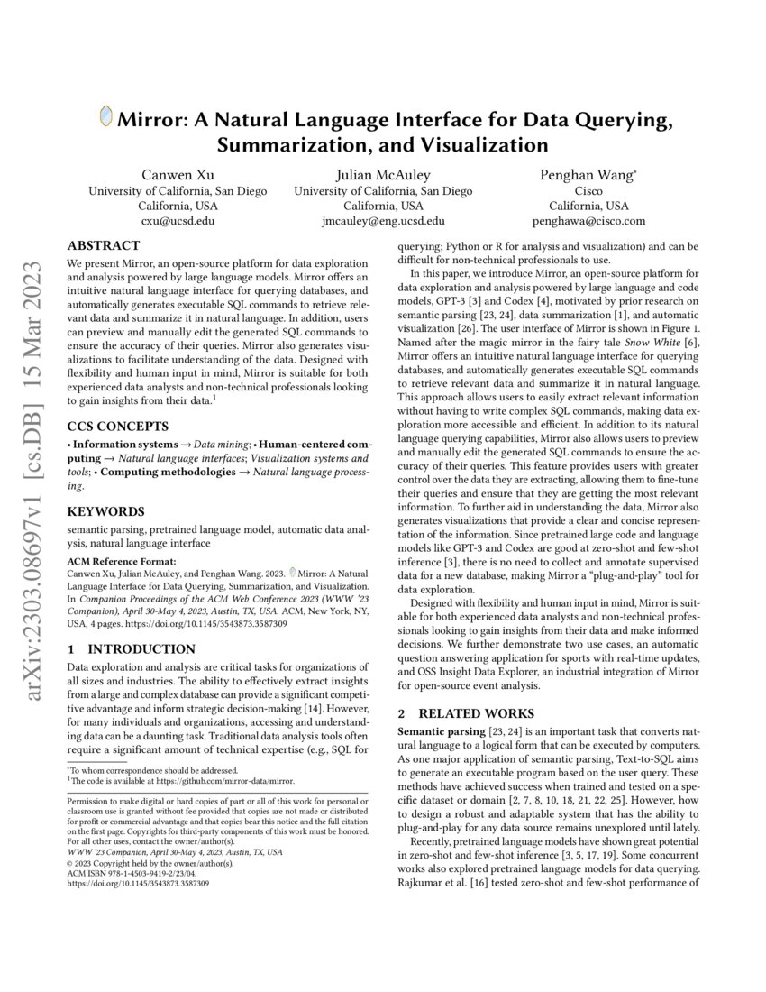 Mirror: A Natural Language Interface for Data Querying, Summarization, and Visualization | DeepAI