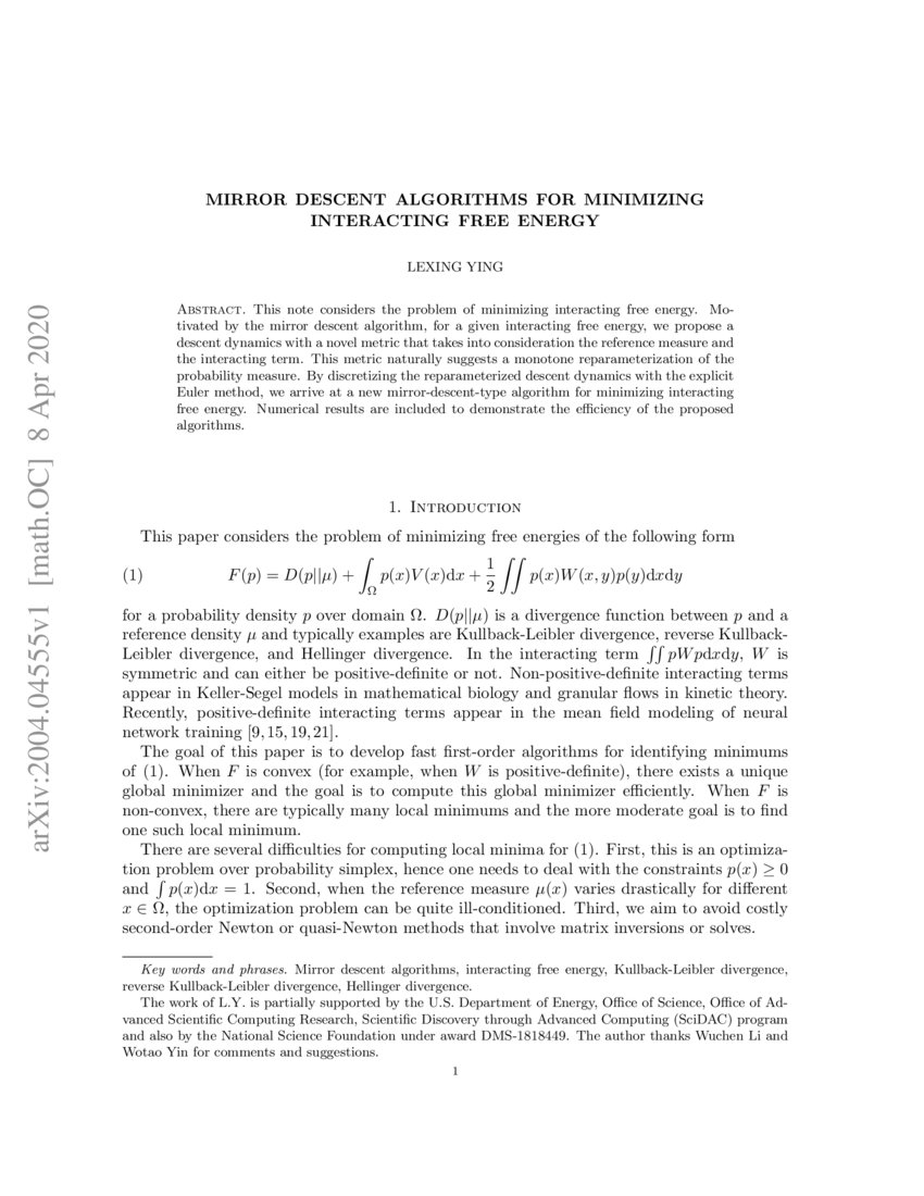 Mirror Descent Algorithms For Minimizing Interacting Free Energy Deepai