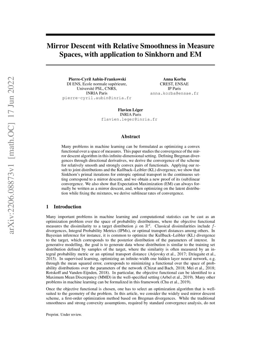 Mirror Descent With Relative Smoothness In Measure Spaces With
