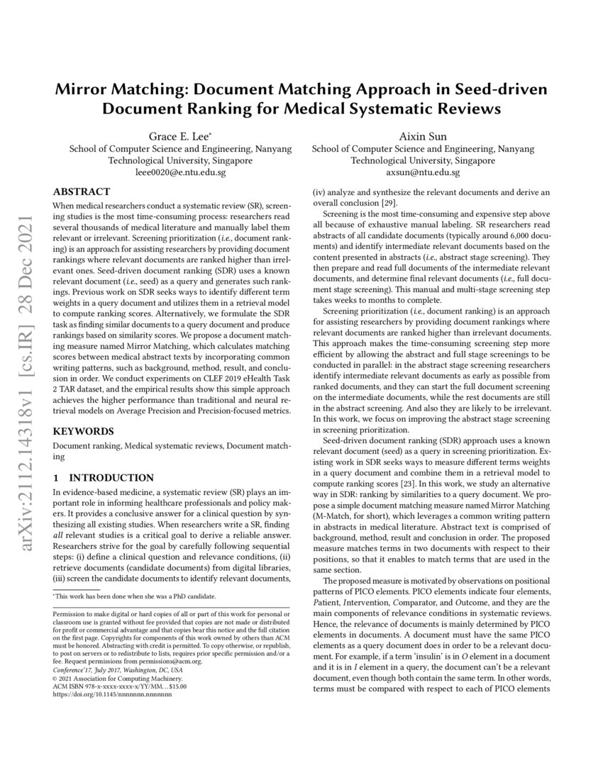 Mirror Matching Document Matching Approach In Seed Driven Document Ranking For Medical