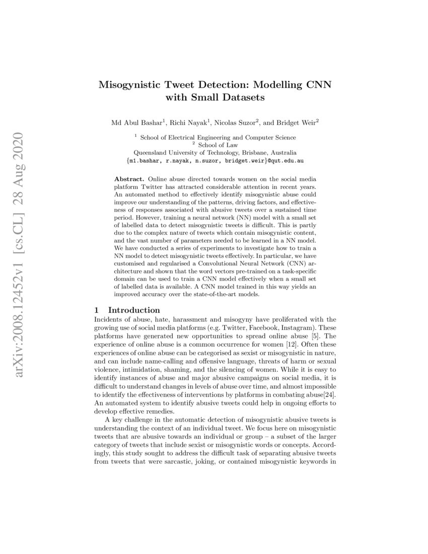 Misogynistic Tweet Detection Modelling Cnn With Small Datasets Deepai