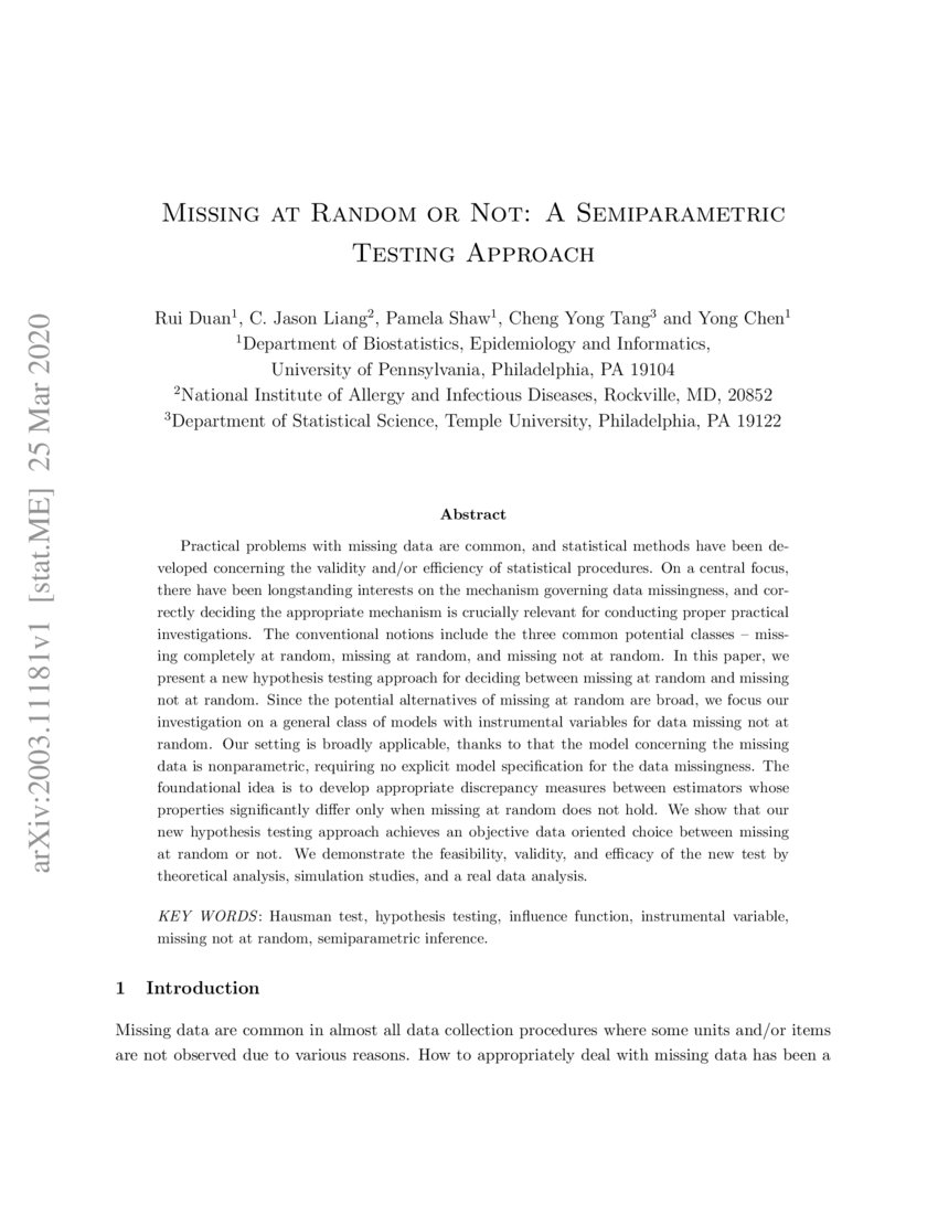 Missing at Random or Not: A Semiparametric Testing Approach | DeepAI