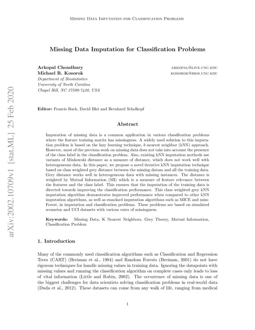 Missing Data Imputation for Classification Problems | DeepAI Missing Data Imputation for Classification Problems | DeepAI