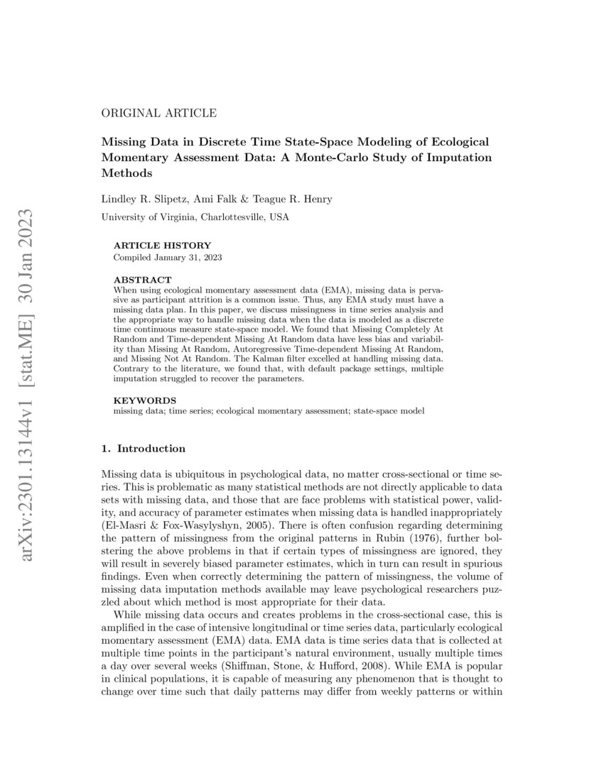 Missing Data In Discrete Time State Space Modeling Of Ecological