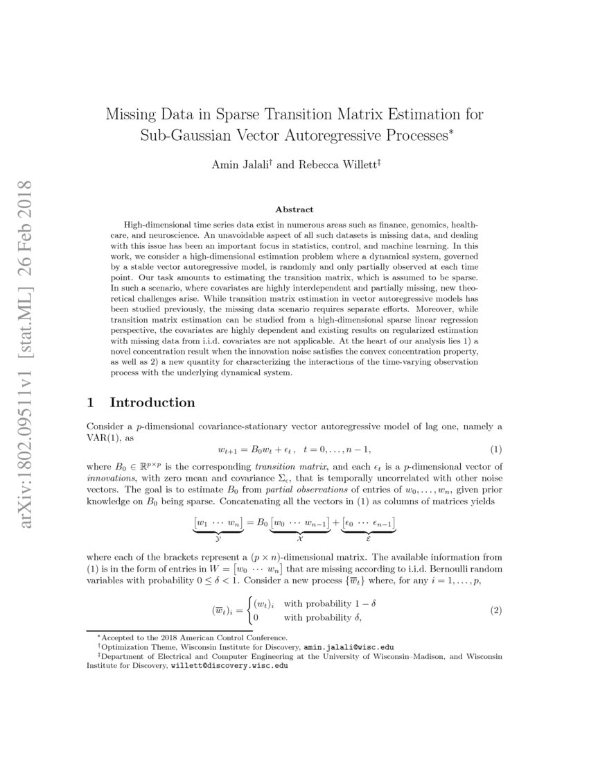 Missing Data in Sparse Transition Matrix Estimation for Sub-Gaussian Vector Autoregressive ...
