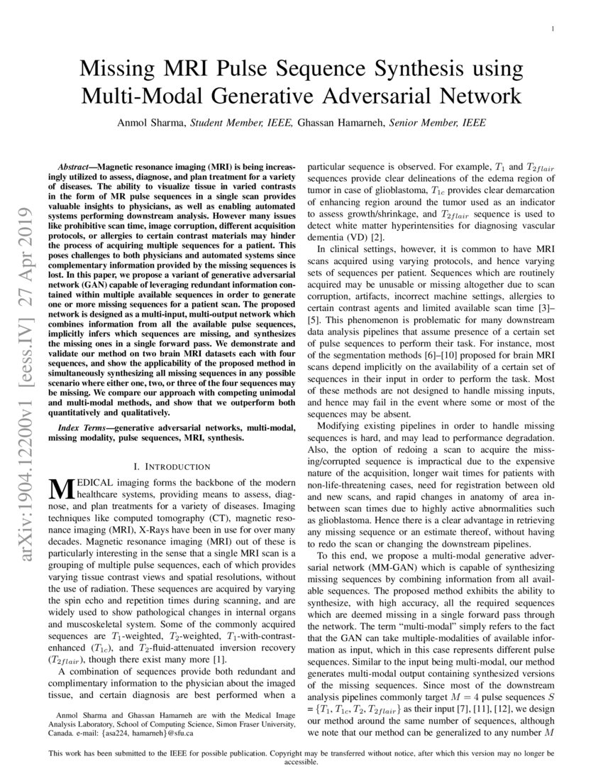 Missing Mri Pulse Sequence Synthesis Using Multi Modal Generative Adversarial Network Deepai