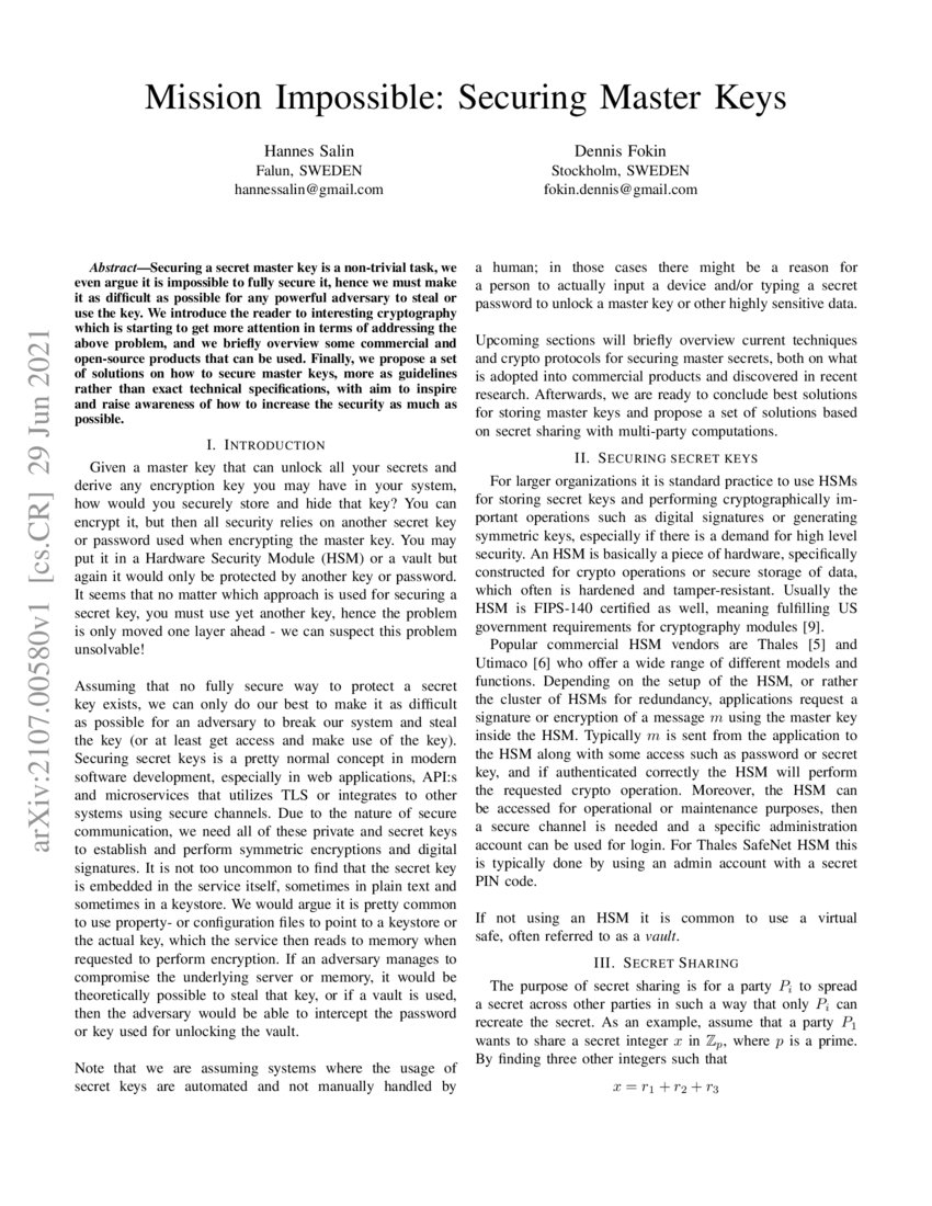 Mission Impossible: Securing Master Keys | DeepAI