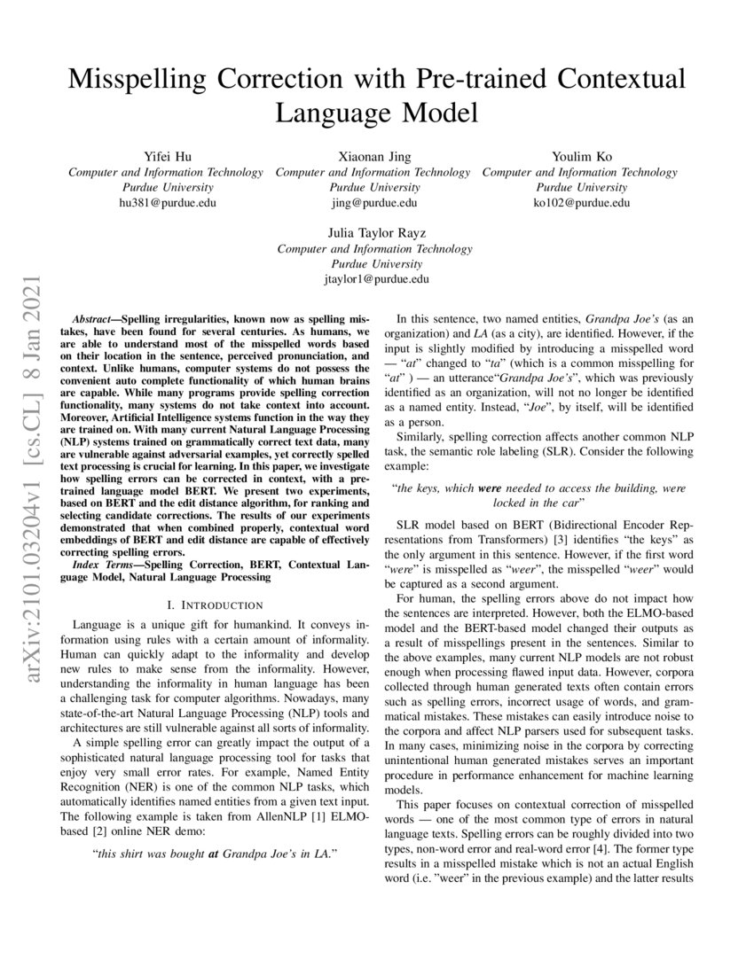 Misspelling Correction With Pre Trained Contextual Language Model Deepai