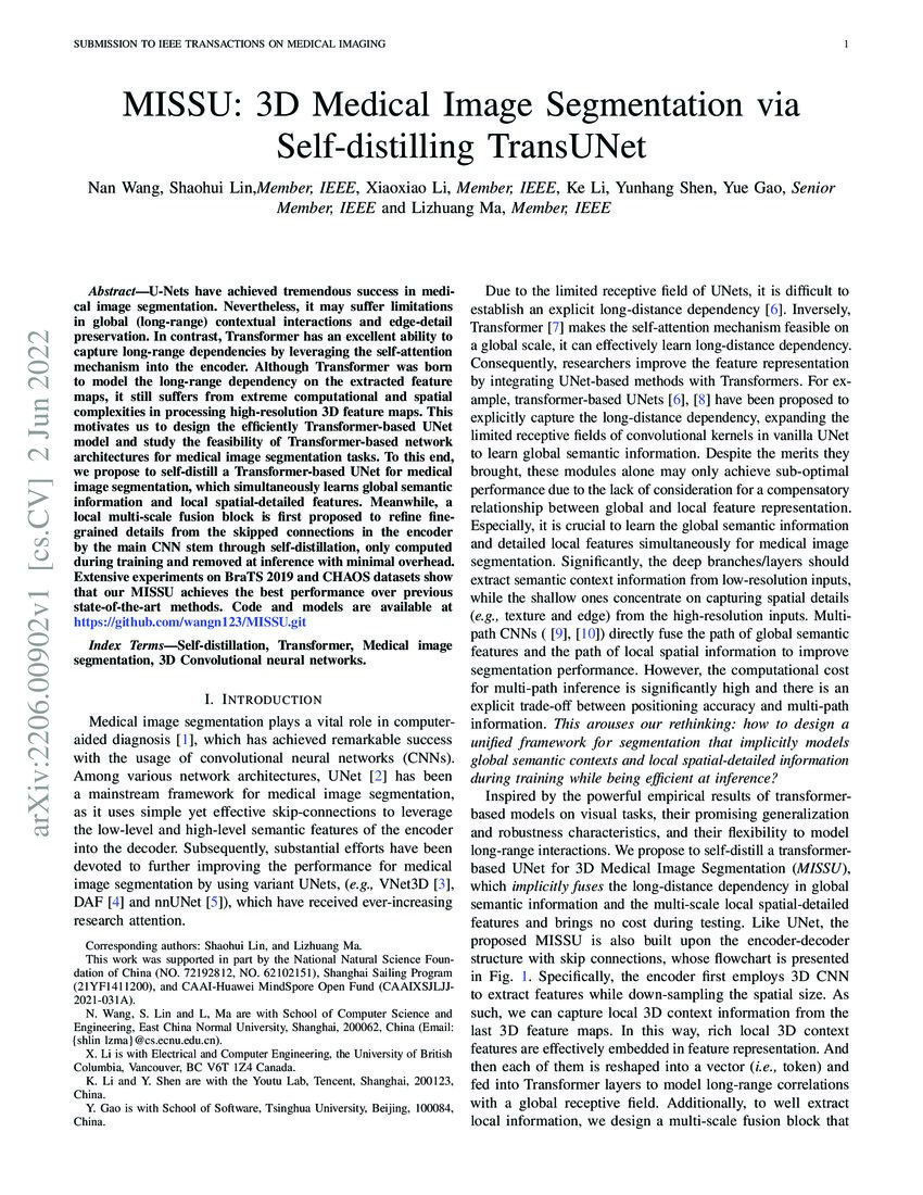 Missu 3d Medical Image Segmentation Via Self Distilling Transunet Deepai