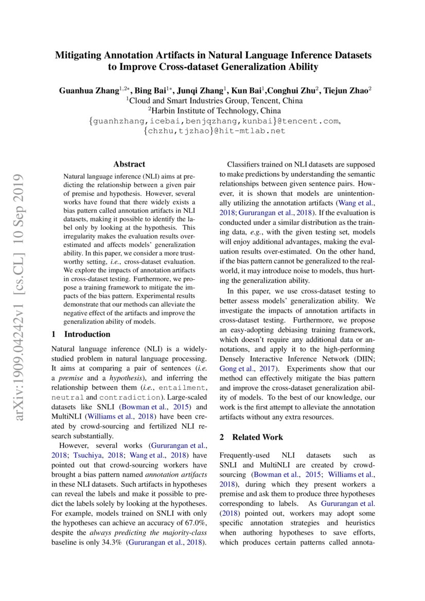 Mitigating Annotation Artifacts in Natural Language Inference Datasets to Improve Cross-dataset ...