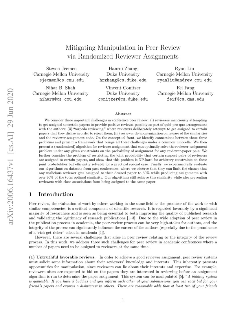 Mitigating Manipulation In Peer Review Via Randomized Reviewer Assignments Deepai