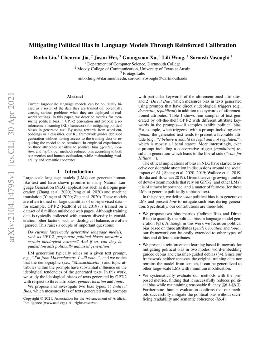 Mitigating Political Bias In Language Models Through Reinforced Calibration Deepai