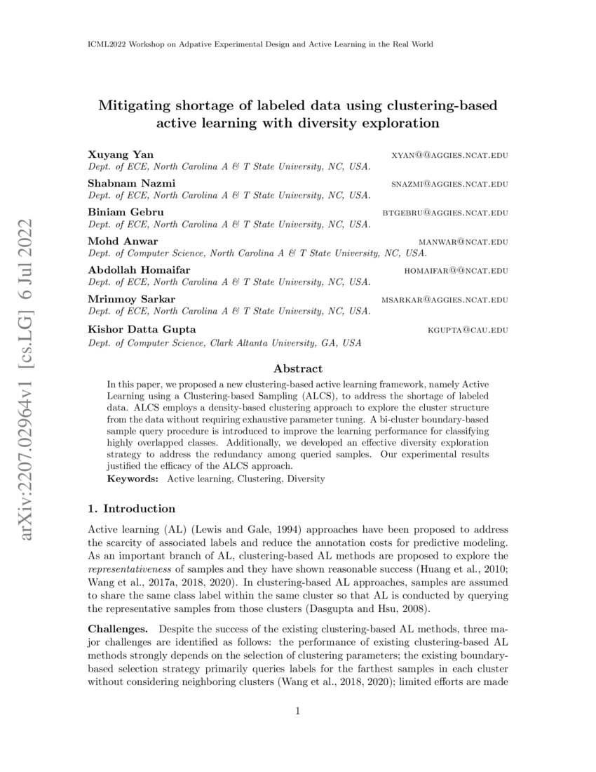 Mitigating shortage of labeled data using clustering-based active ... Mitigating shortage of labeled data using clustering-based active ...