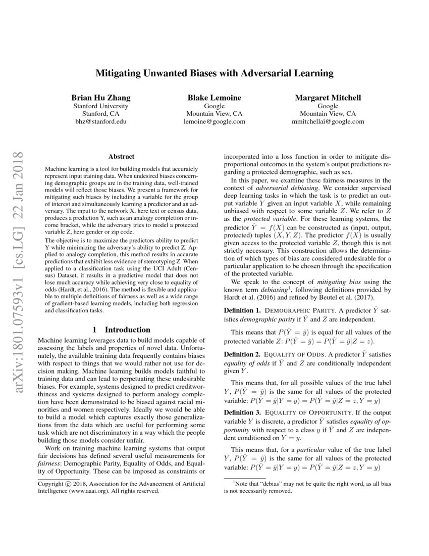 Mitigating Unwanted Biases with Adversarial Learning | DeepAI