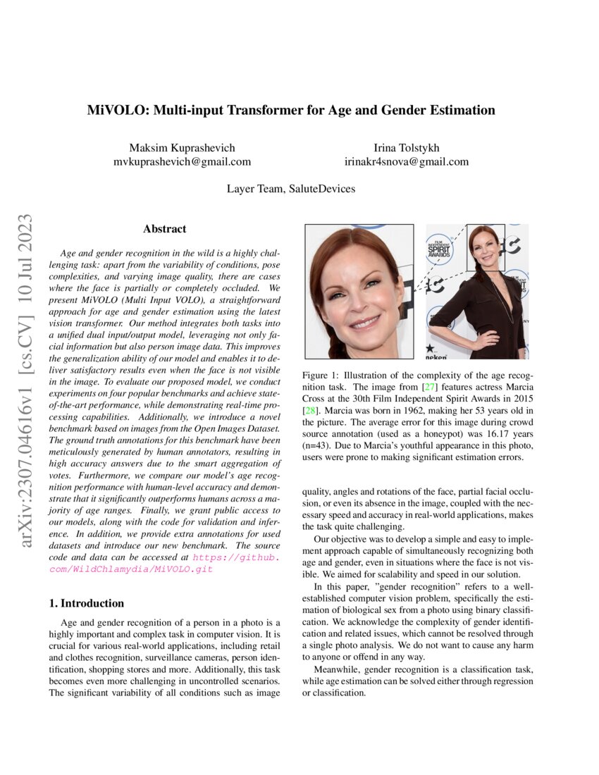 MiVOLO: Multi-input Transformer for Age and Gender Estimation | DeepAI