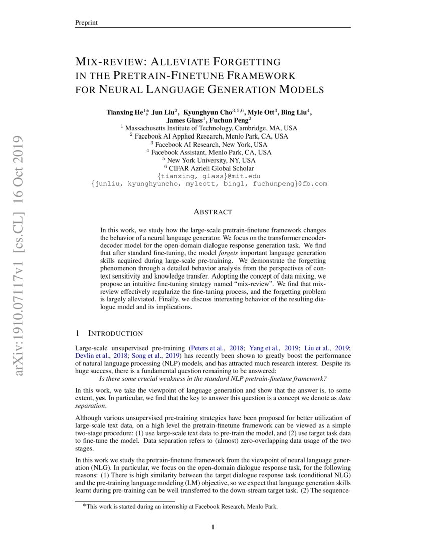 Mix Review Alleviate Forgetting In The Pretrain Finetune Framework For Neural Language