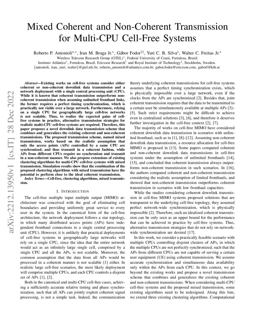 Mixed Coherent and Non-Coherent Transmission for Multi-CPU Cell-Free Systems | DeepAI