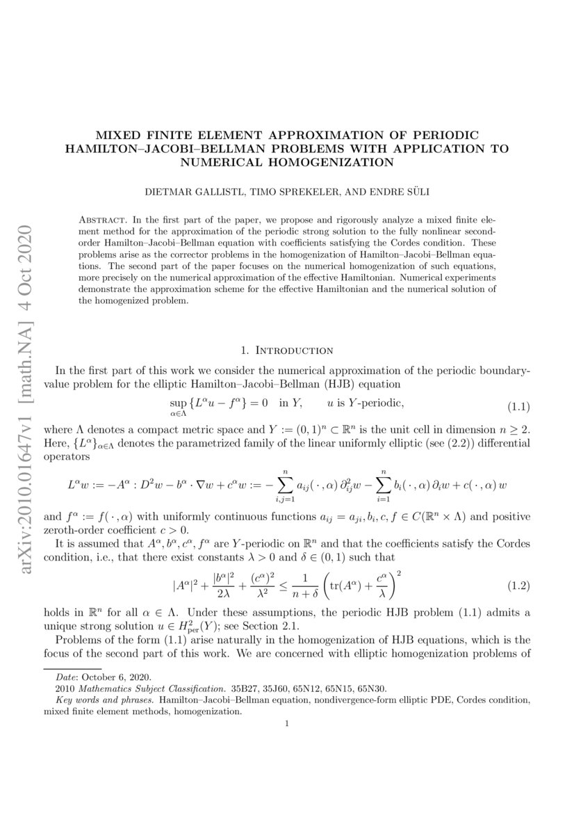 Mixed Finite Element Approximation Of Periodic Hamiltonjacobibellman Problems With Application