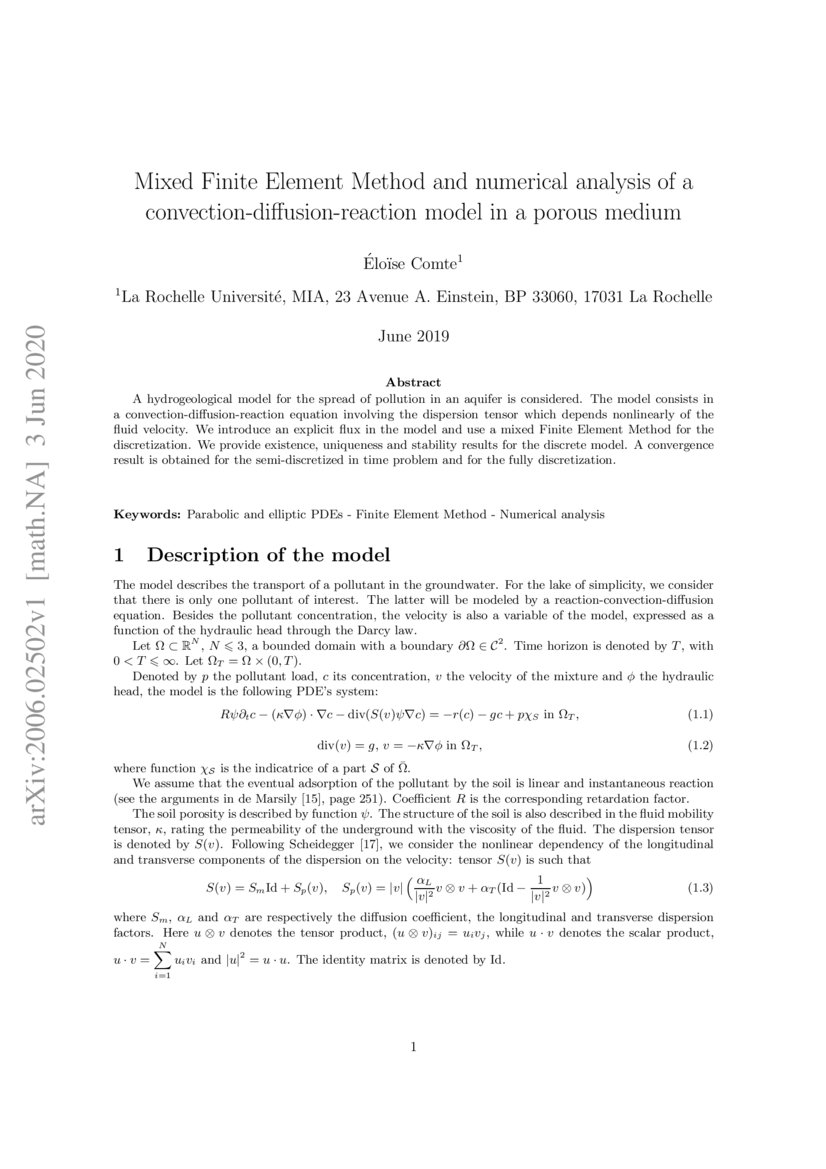 Mixed Finite Element Method And Numerical Analysis Of A Convection Diffusion Reaction Model In A