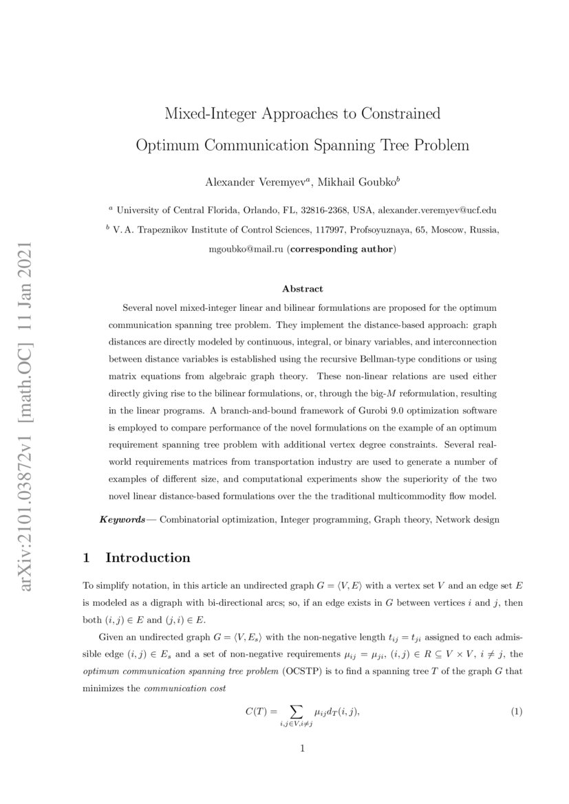 Mixed Integer Approaches To Constrained Optimum Communication Spanning Tree Problem Deepai