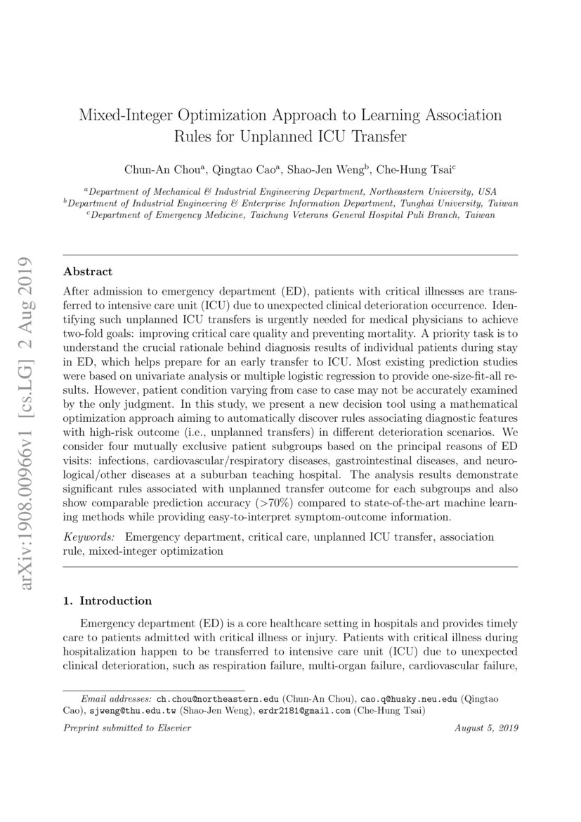 Mixed-Integer Optimization Approach to Learning Association Rules for Unplanned ICU Transfer ...