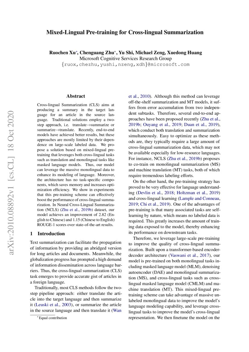 Mixed-Lingual Pre-training for Cross-lingual Summarization | DeepAI