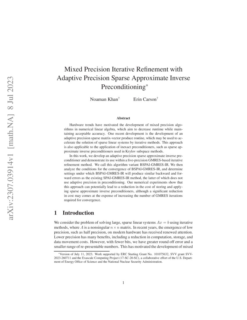 Mixed Precision Iterative Refinement With Adaptive Precision Sparse Approximate Inverse