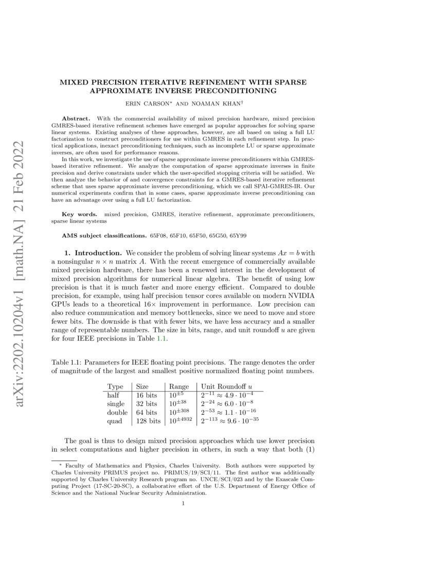Mixed Precision Iterative Refinement With Sparse Approximate Inverse Preconditioning Deepai 8732