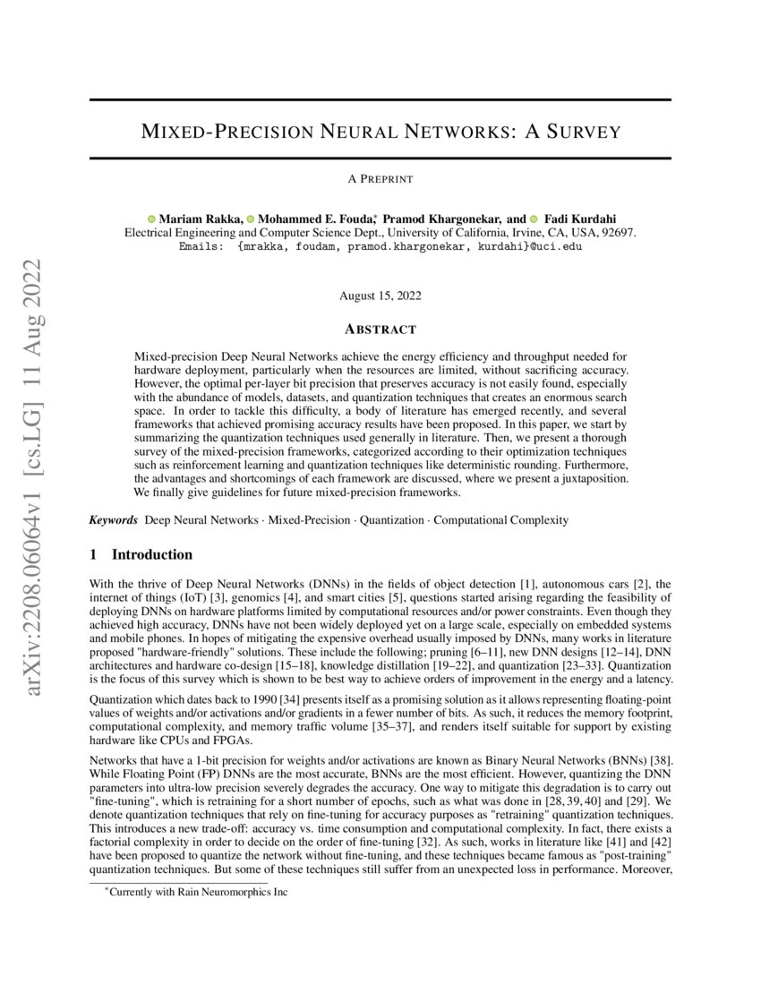 Mixed Precision Neural Networks A Survey Deepai