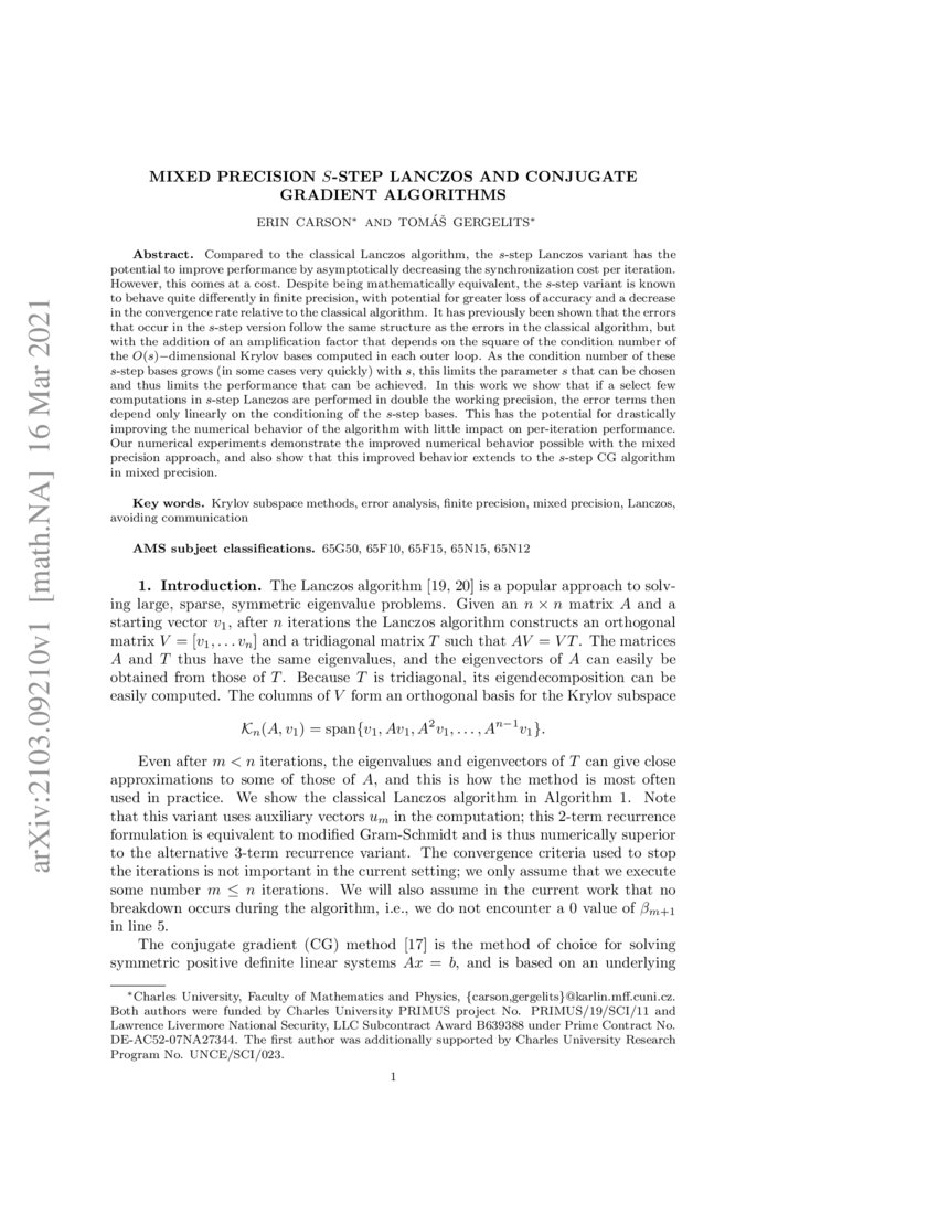 Mixed Precision S Step Lanczos And Conjugate Gradient Algorithms Deepai