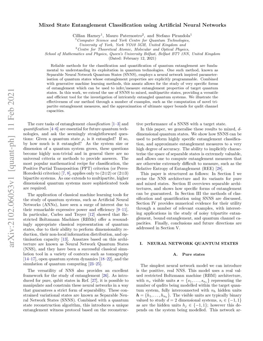 Mixed State Entanglement Classification using Artificial Neural Networks | DeepAI