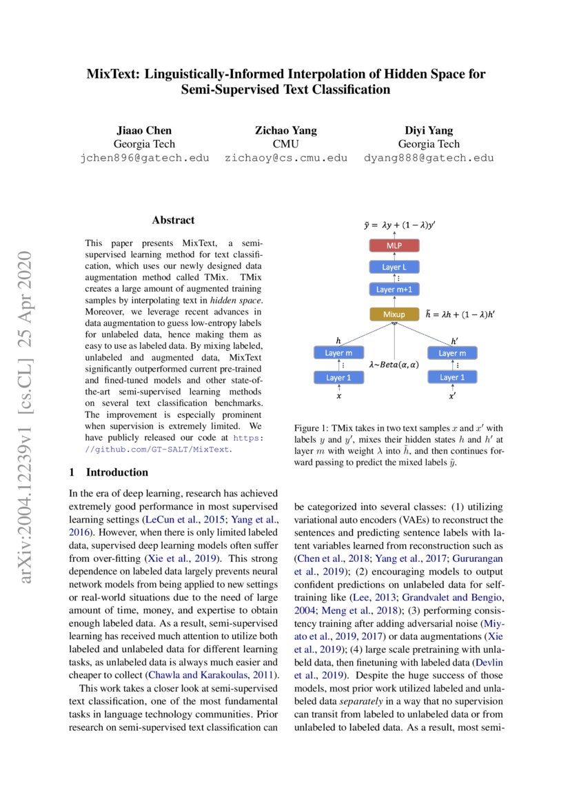 MixText: Linguistically-Informed Interpolation of Hidden Space for Semi-Supervised Text ...